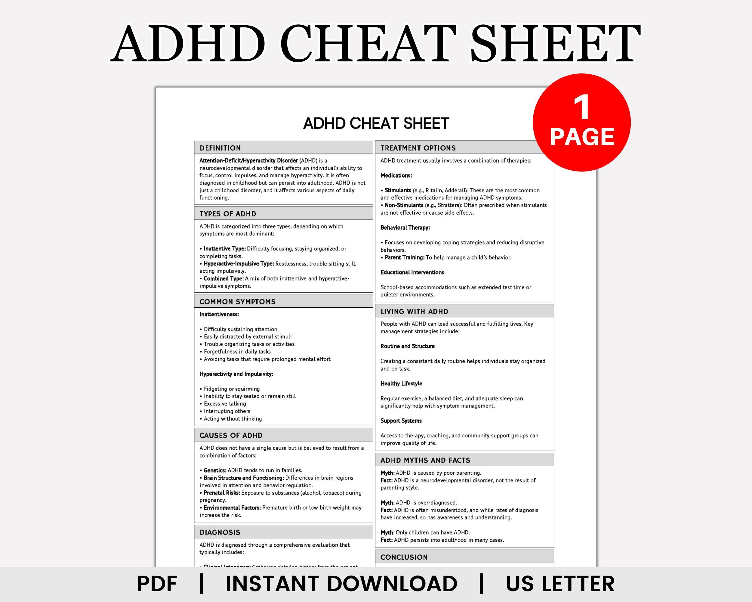 ADHD Cheat Sheet, Attention Deficit Hyperactivity Disorder Therapy ...