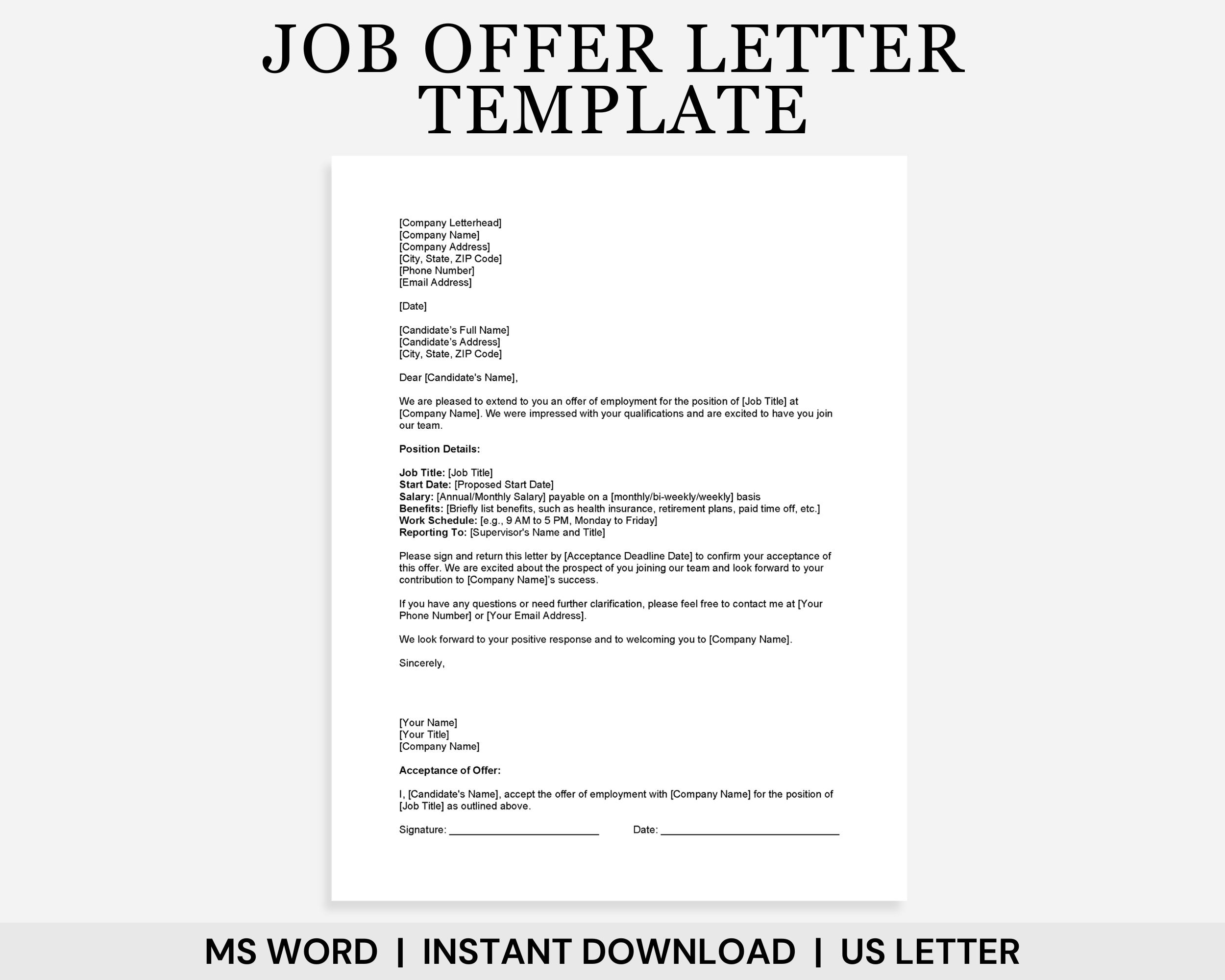 Job Offer Letter Template, Job Offer Template, Employment Offer Letter ...