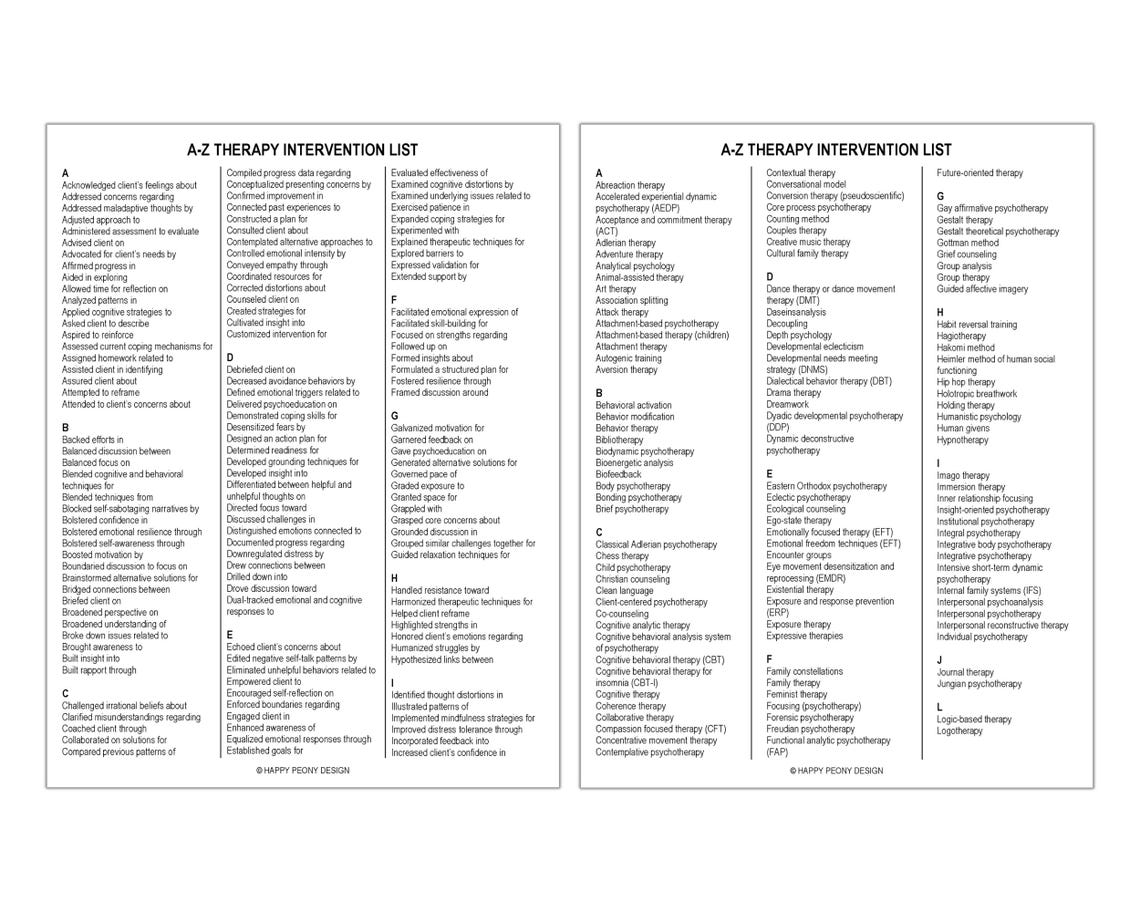 Therapy Intervention List, Therapeutic Interventions, Clinical Terms ...