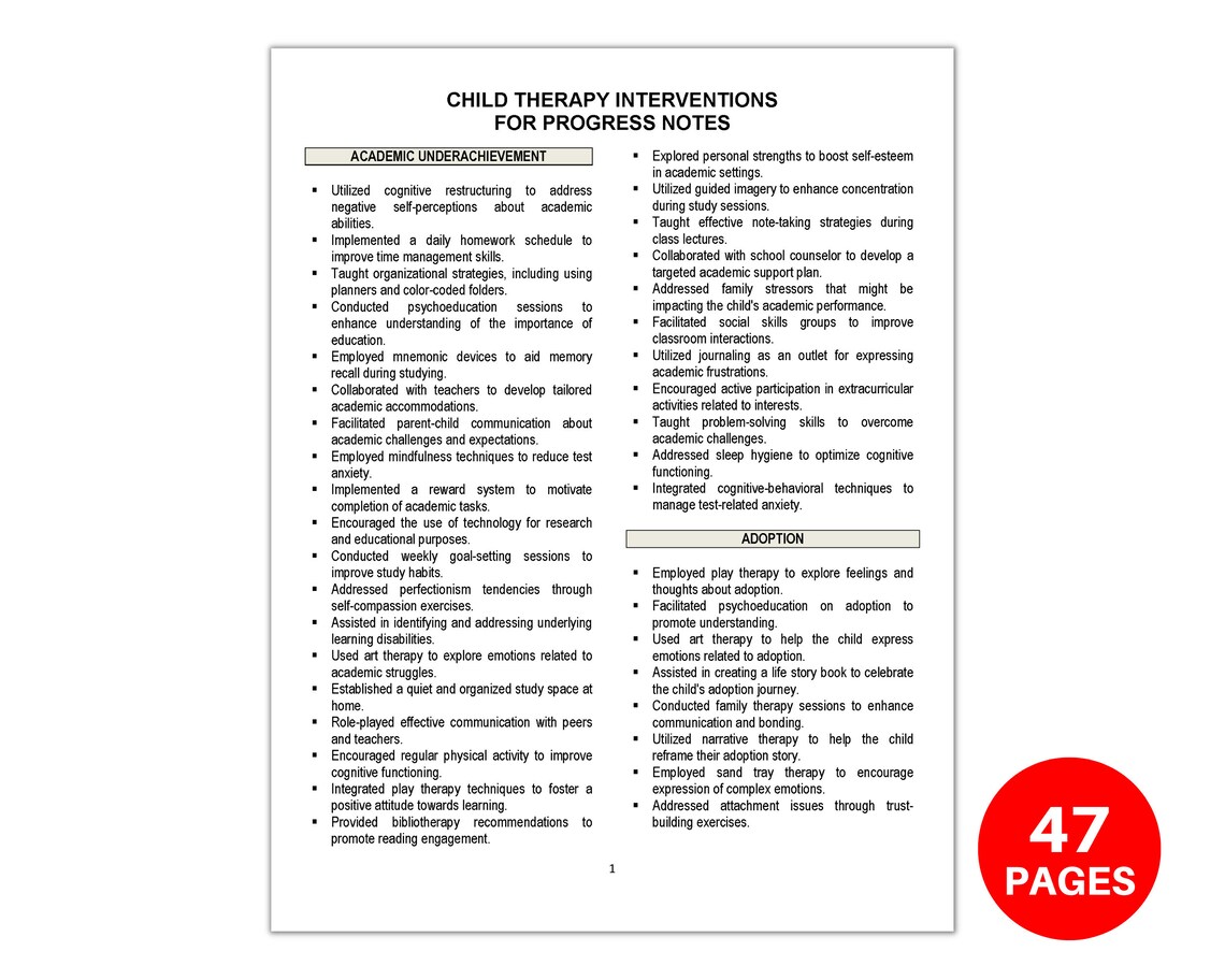 Child Therapy Interventions for Progress Notes, Therapeutic ...