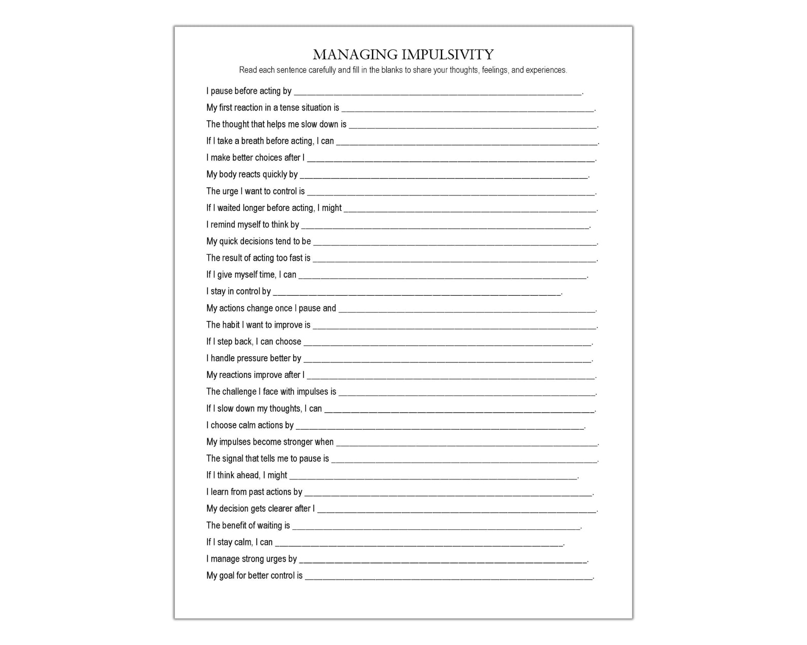 Managing Impulsivity Worksheet, Impulse Control, Executive Function ...