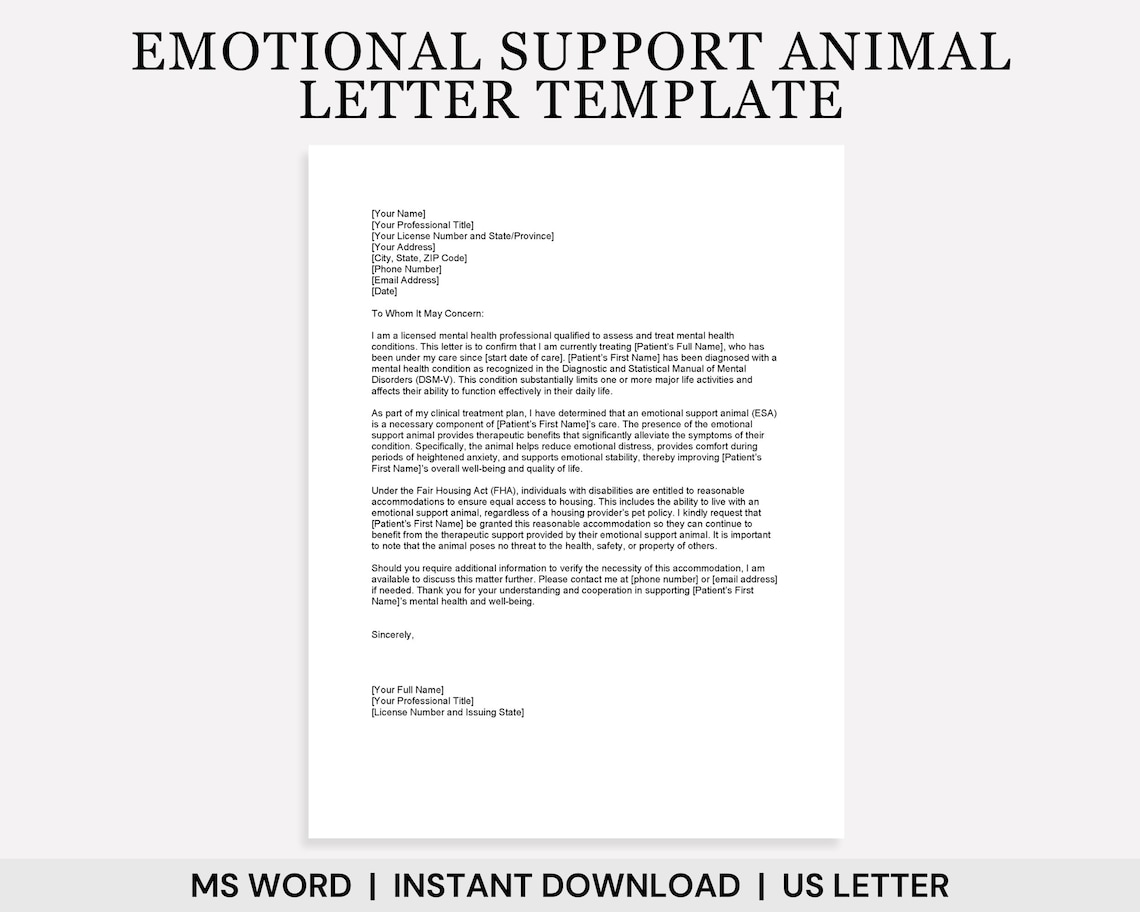 Emotional Support Animal Letter Template, ESA Letter Template, ESA ...