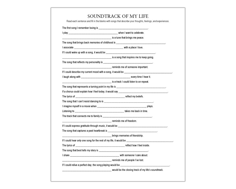 Soundtrack of My Life Worksheet, Playlist of My Life, Music Therapy ...