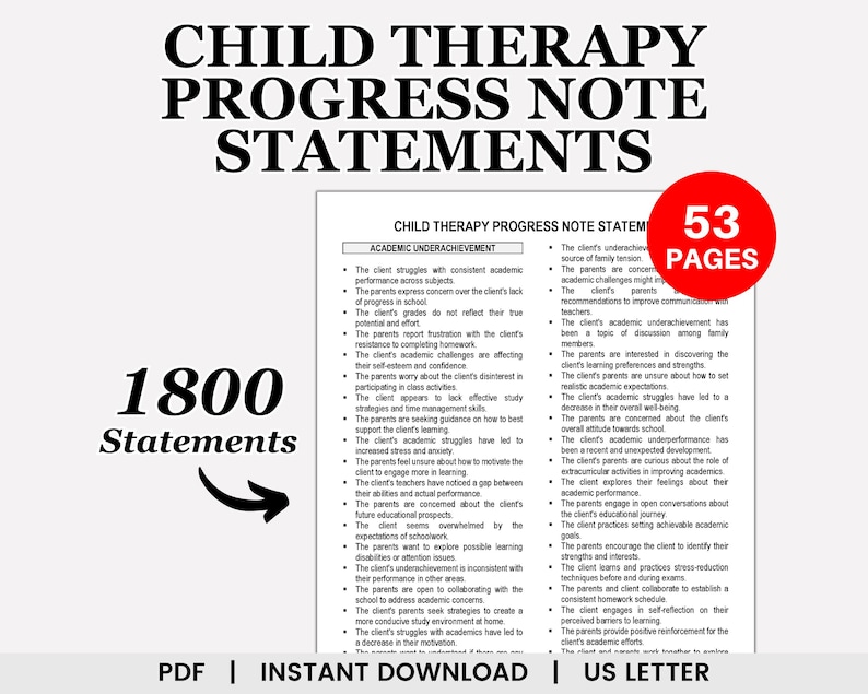 Child Therapy Progress Note Statements, Kids Therapy, Therapy Progress ...
