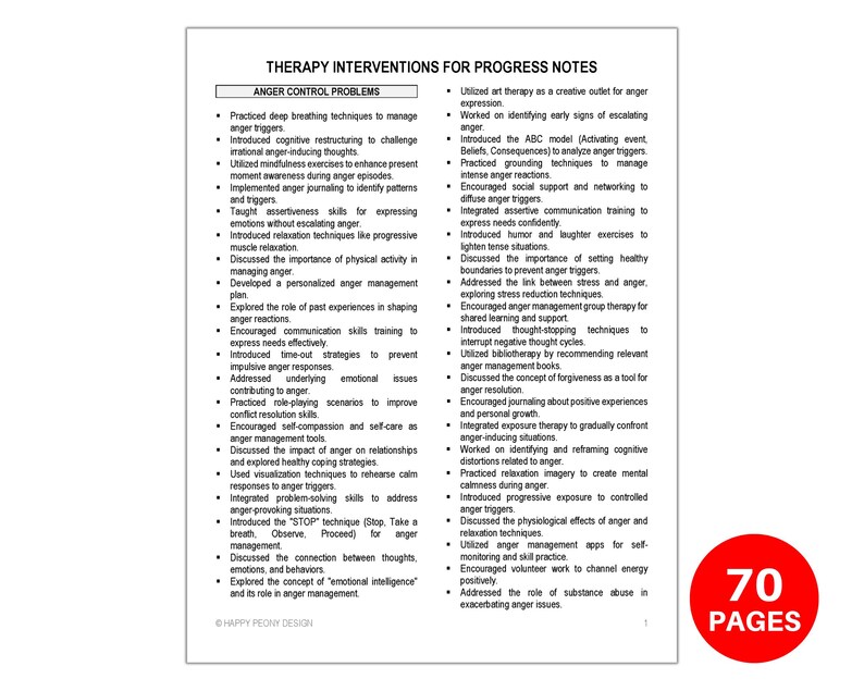 Editable Therapy Interventions for Progress Notes, Therapeutic ...