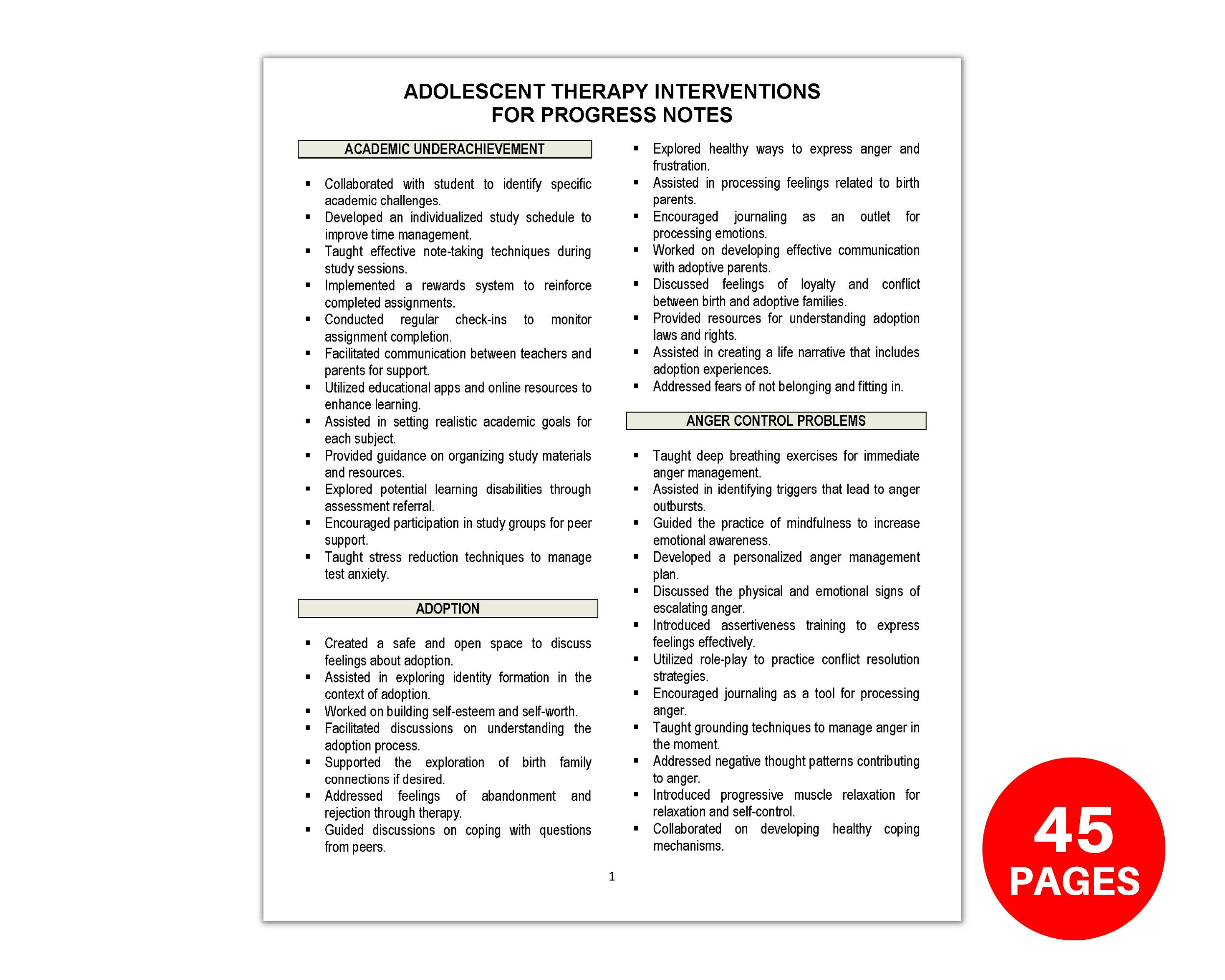 Adolescent Therapy Interventions for Progress Notes, Therapeutic ...