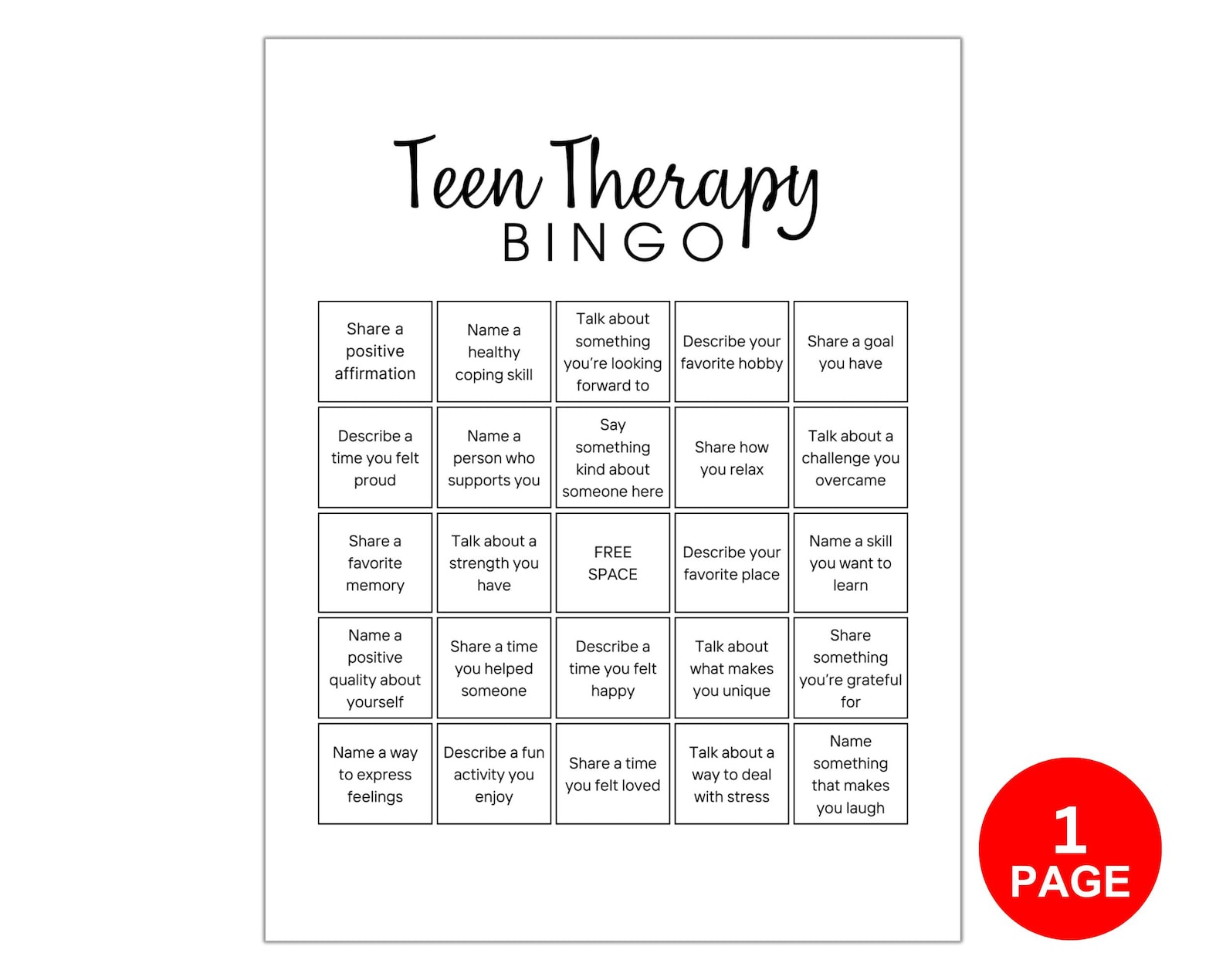 Teen Therapy Bingo, Mental Health Bingo, Printable Bingo, Teen Mental ...