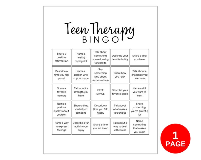 Teen Therapy Bingo, Mental Health Bingo, Printable Bingo, Teen Mental ...