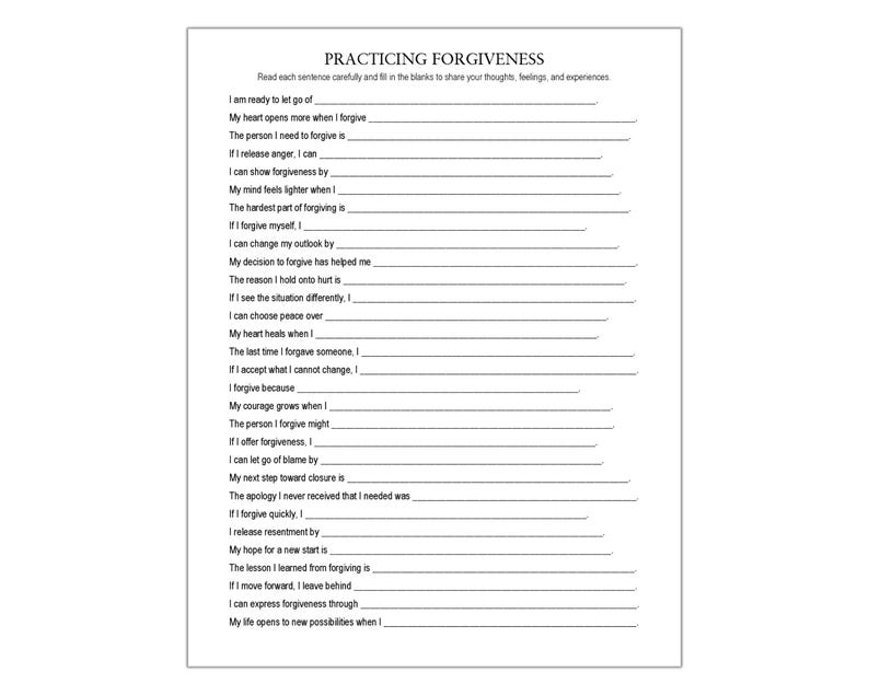 Practicing Forgiveness Worksheet, Self Forgiveness, Self Acceptance ...