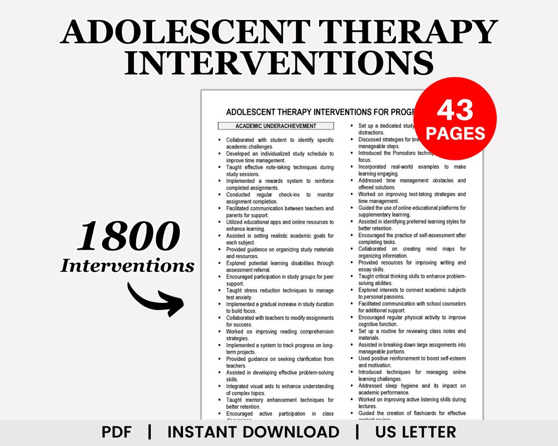 Adolescent Therapy Interventions for Progress Notes, Therapeutic ...