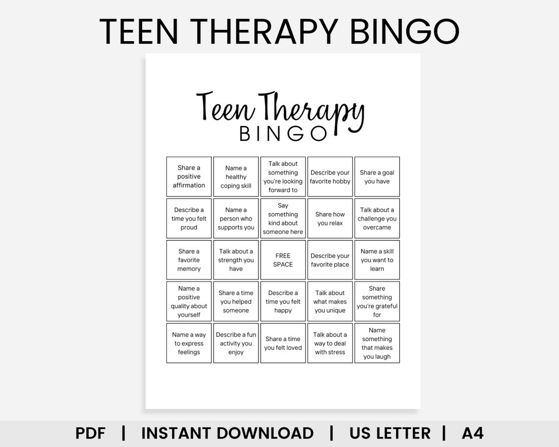 Teen Therapy Bingo, Mental Health Bingo, Printable Bingo, Teen Mental ...