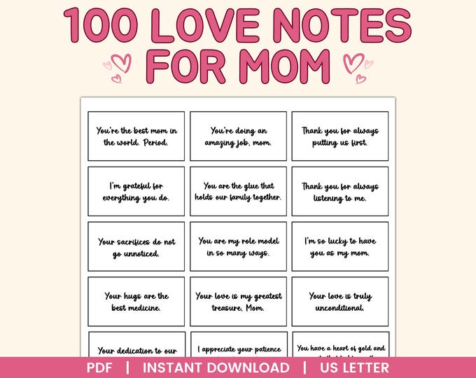 PRINTABLE Love Notes to My Mom - 365 Messages Quotes Cards, Jar Labels ...