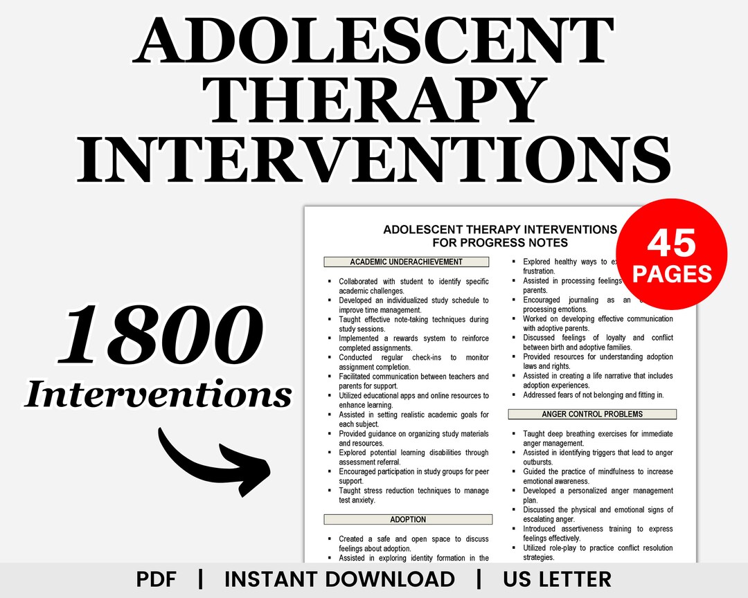 Adolescent Therapy Interventions for Progress Notes, Therapeutic ...