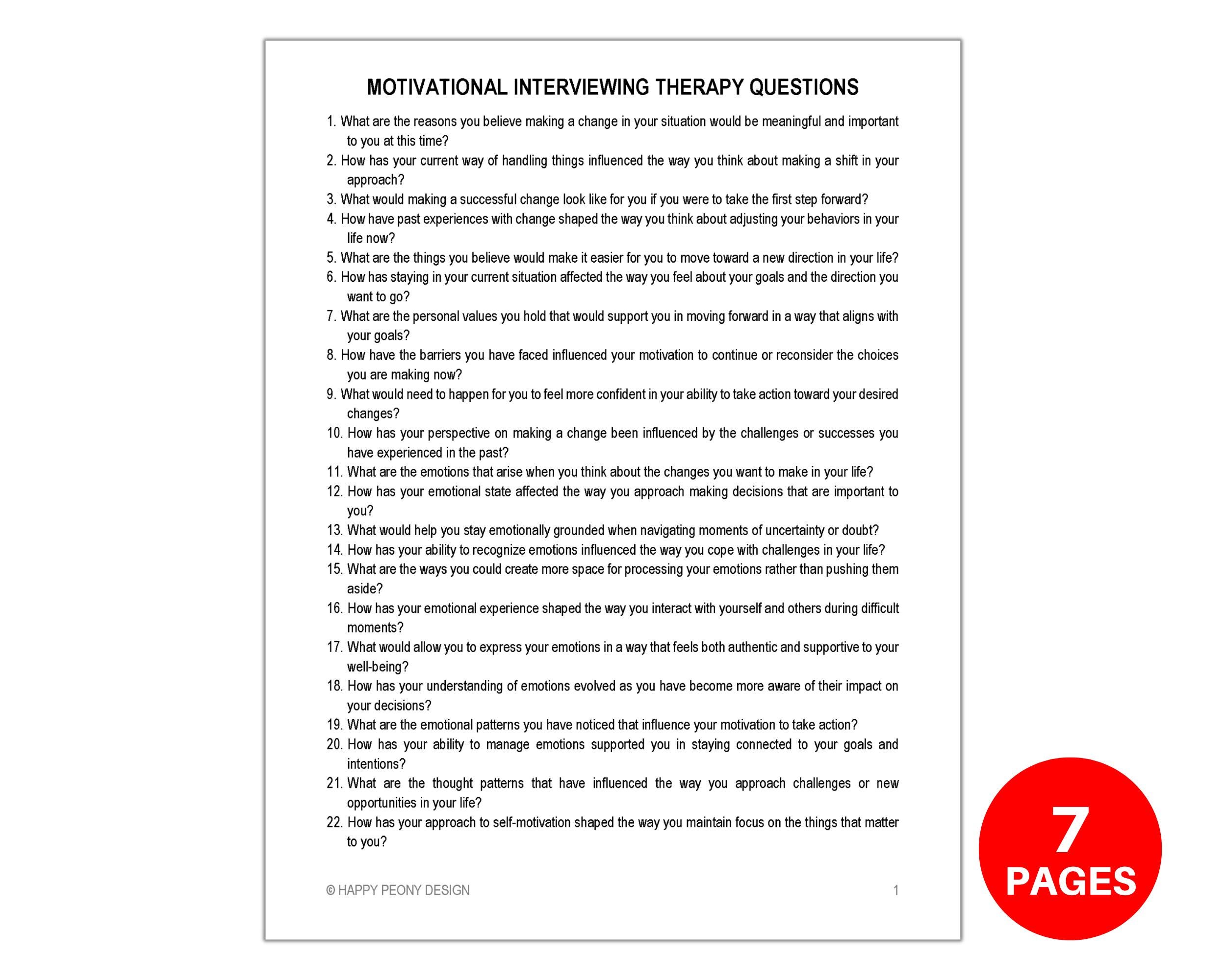 Motivational Interviewing Therapy Questions, MI Therapy, Motivational ...