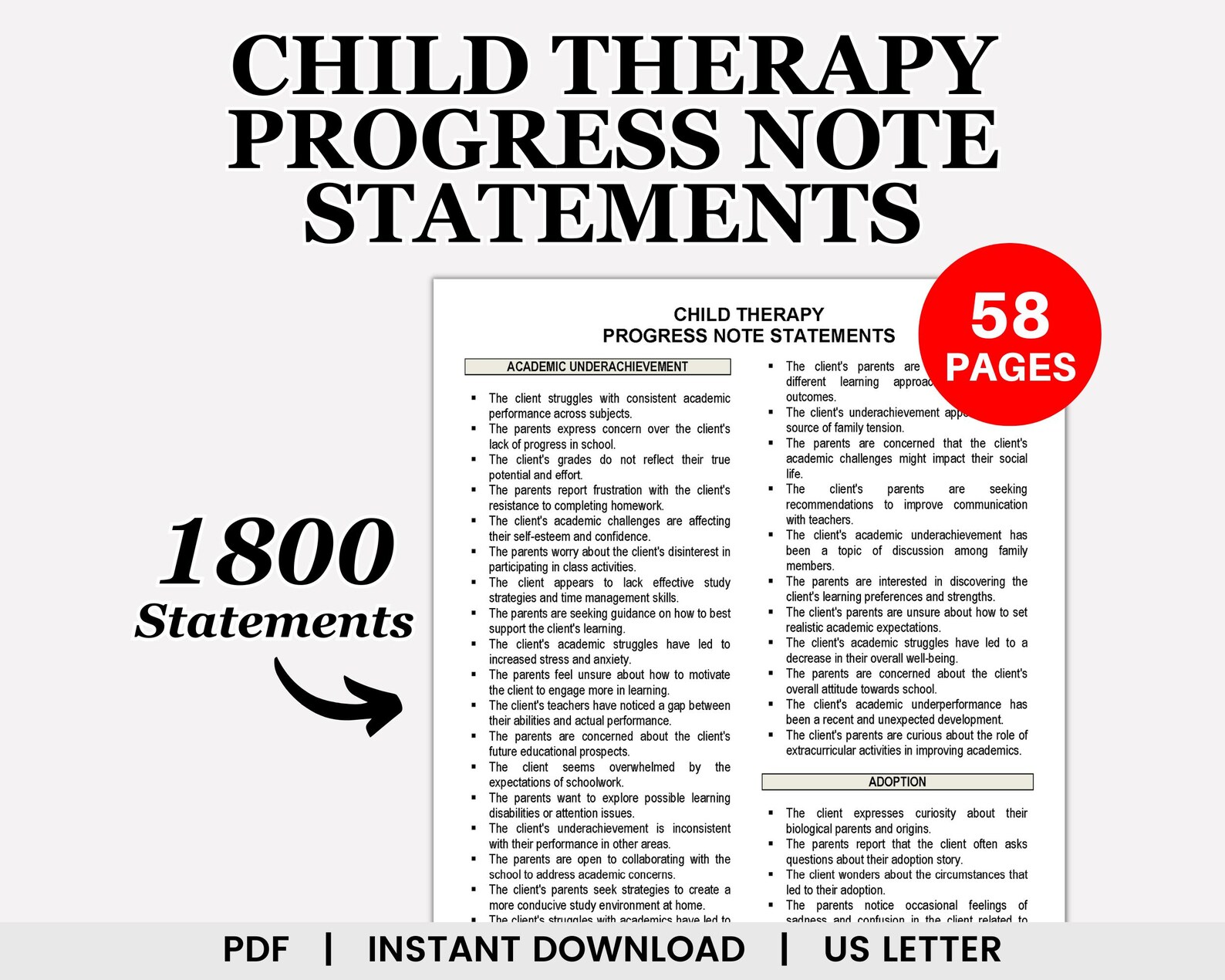 Child Therapy Progress Note Statements, Therapy Progress Notes ...