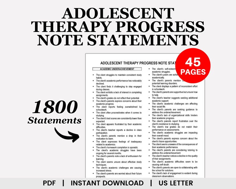 Adolescent Therapy Progress Note Statements, Teen Therapy, Progress ...