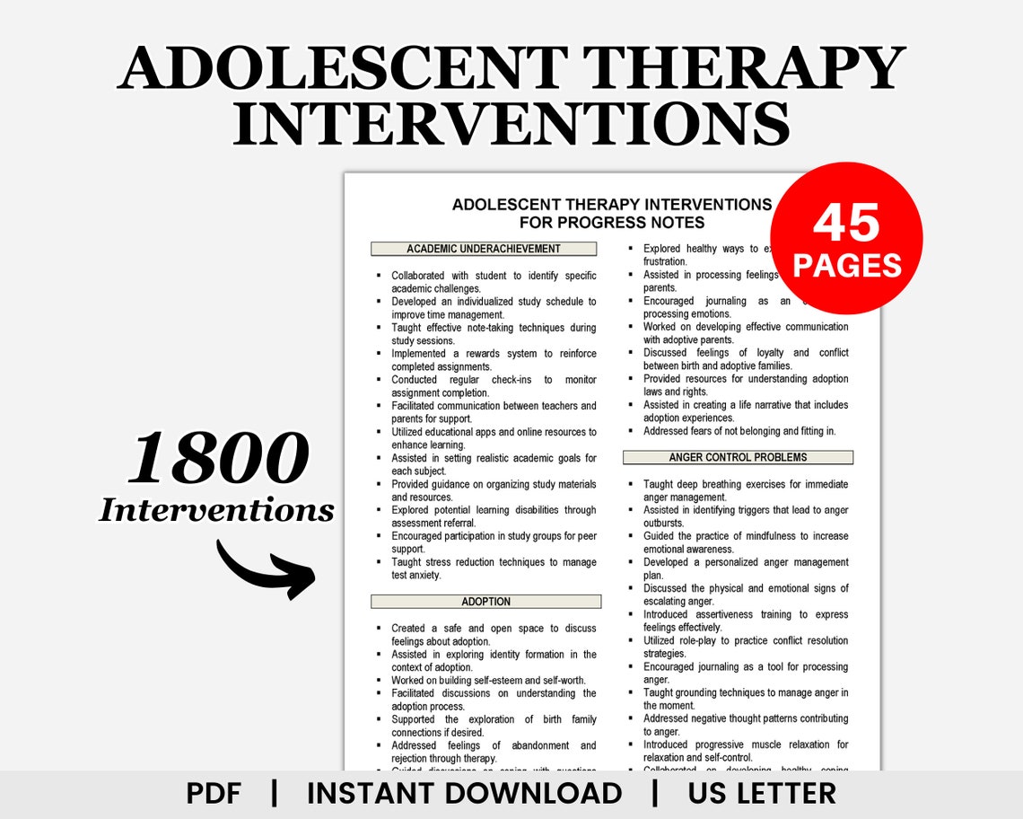 Adolescent Therapy Interventions for Progress Notes, Therapeutic ...