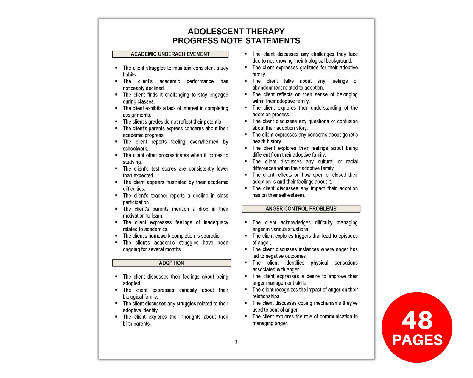 Adolescent Therapy Progress Note Statements, Progress Notes, Therapy ...