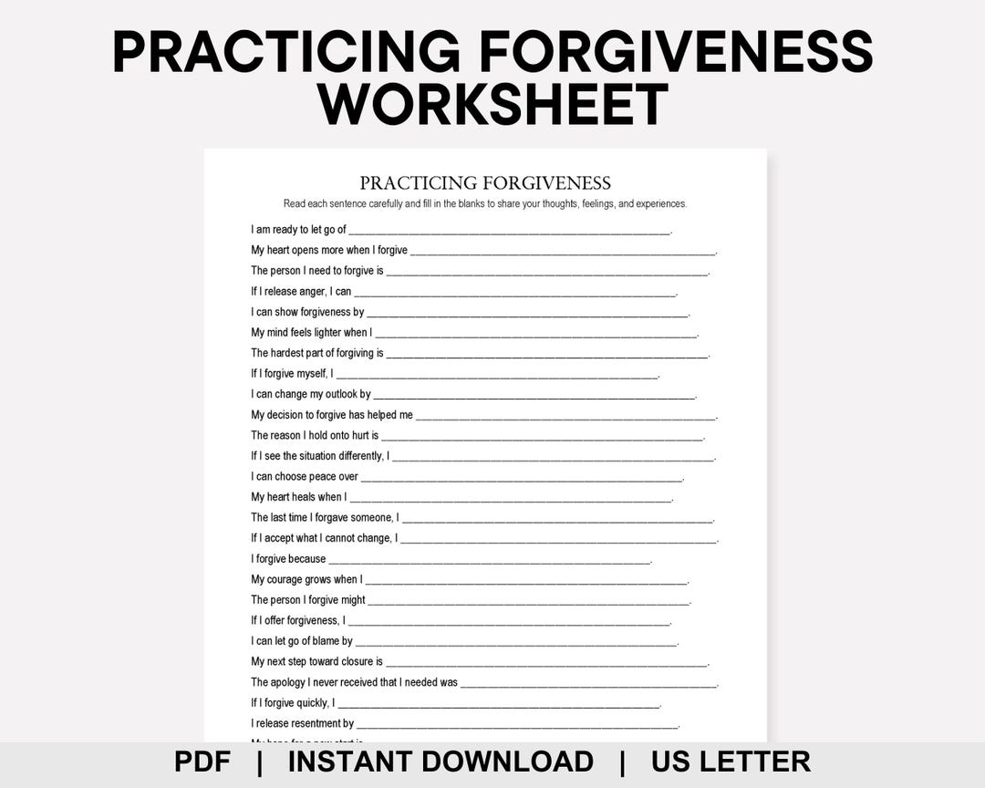 Practicing Forgiveness Worksheet, Self Forgiveness, Self Acceptance ...