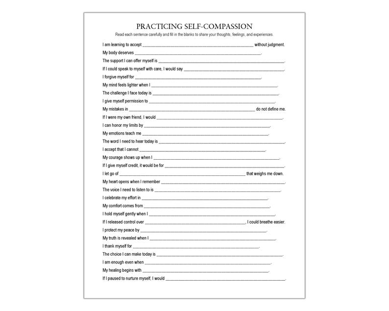 Practicing Self Compassion Worksheet, Self Kindness, Self Acceptance ...