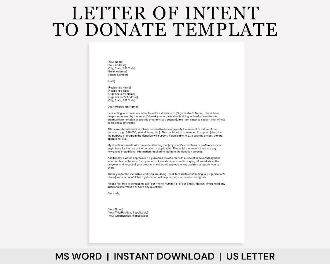 Letter of Intent to Donate Template, Donation Letter Template, Letter of Interest, Support ...