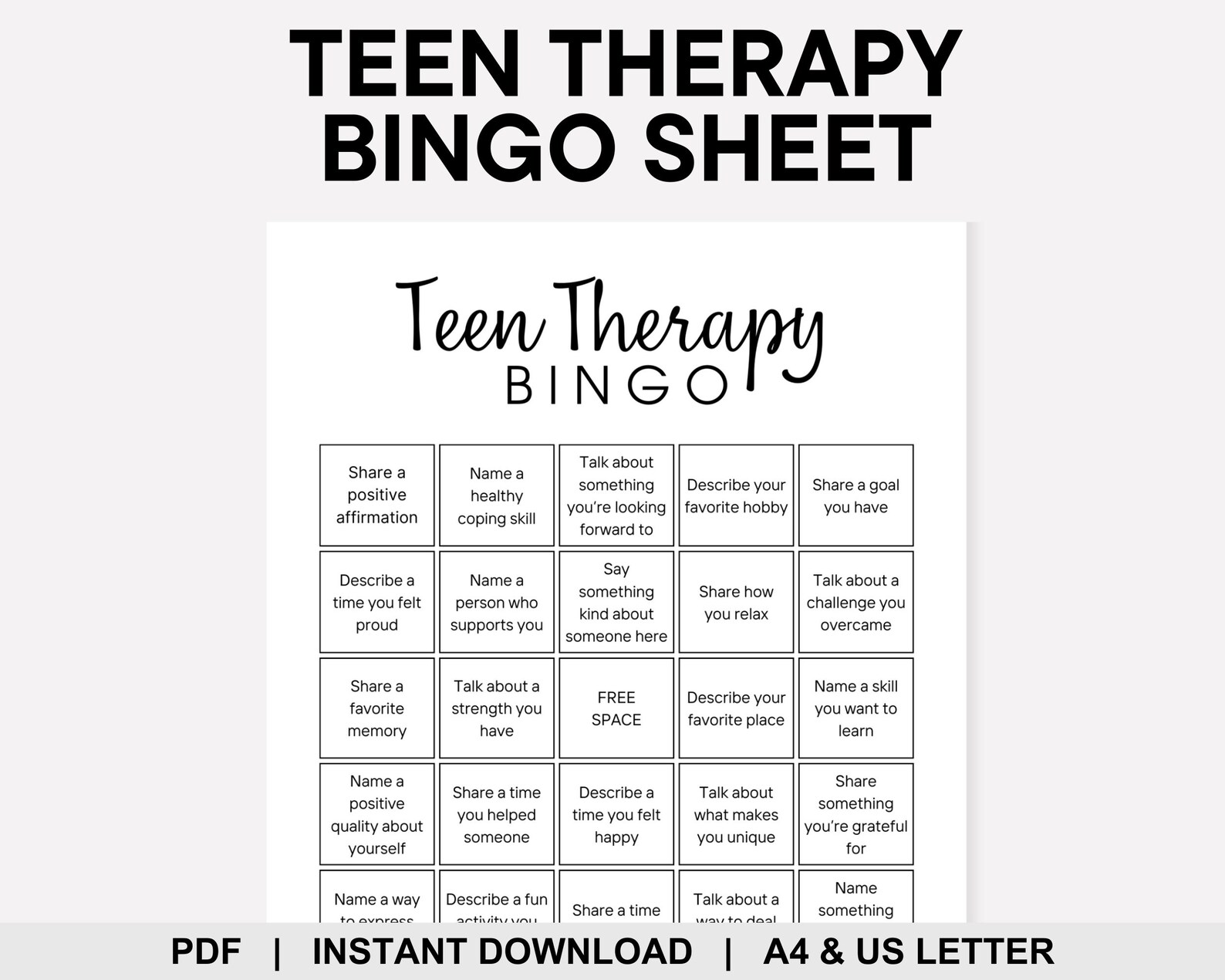 Teen Therapy Bingo, Mental Health Bingo, Printable Bingo, Teen Mental ...