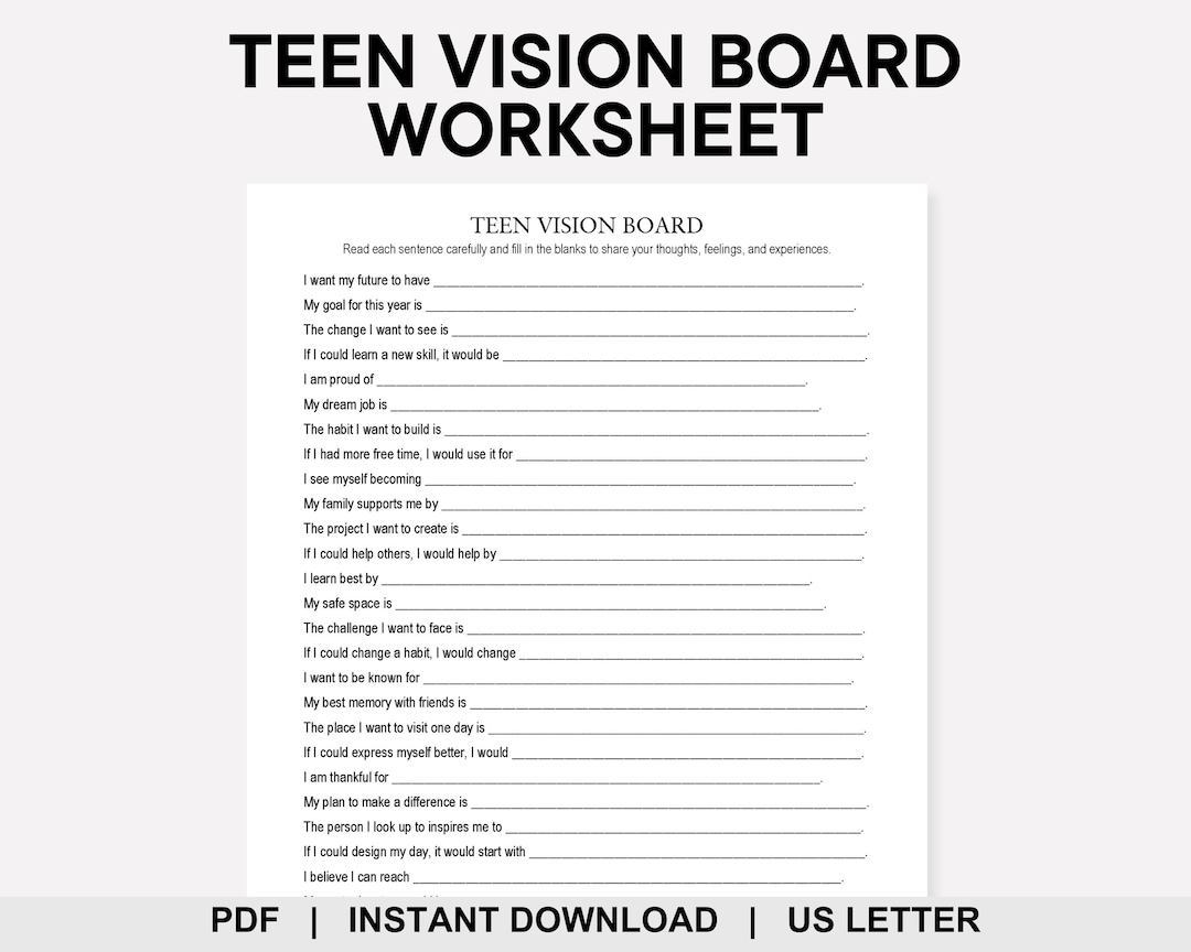Teen Vision Board Worksheet, New Years Resolutions, Dream Board, Goal ...