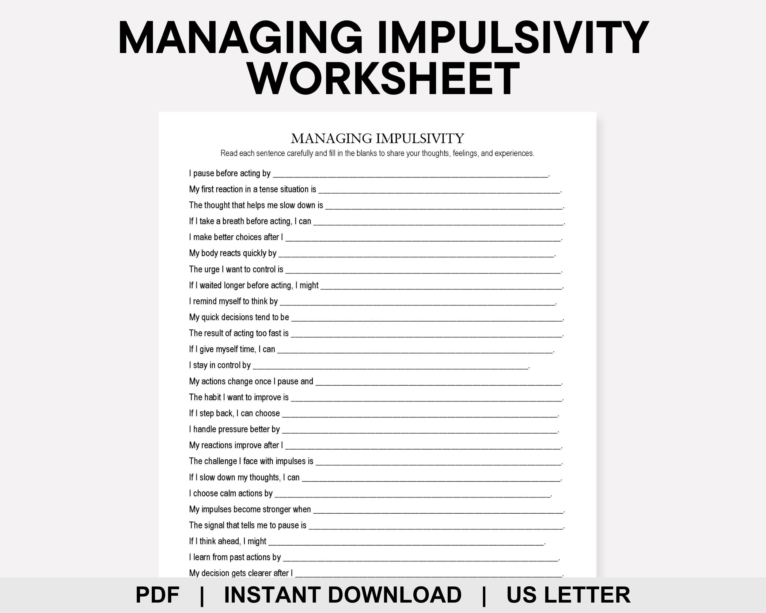 Managing Impulsivity Worksheet, Impulse Control, Executive Function ...