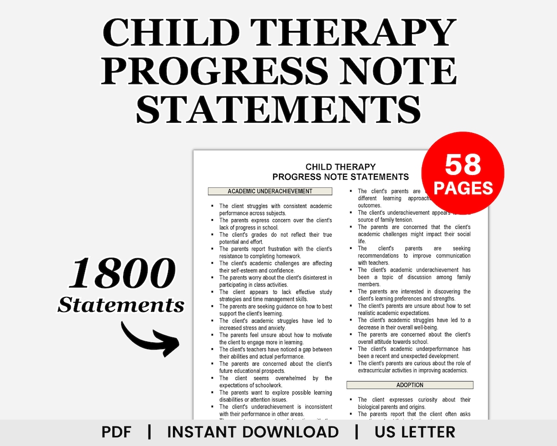 Child Therapy Progress Note Statements, Therapy Progress Notes ...