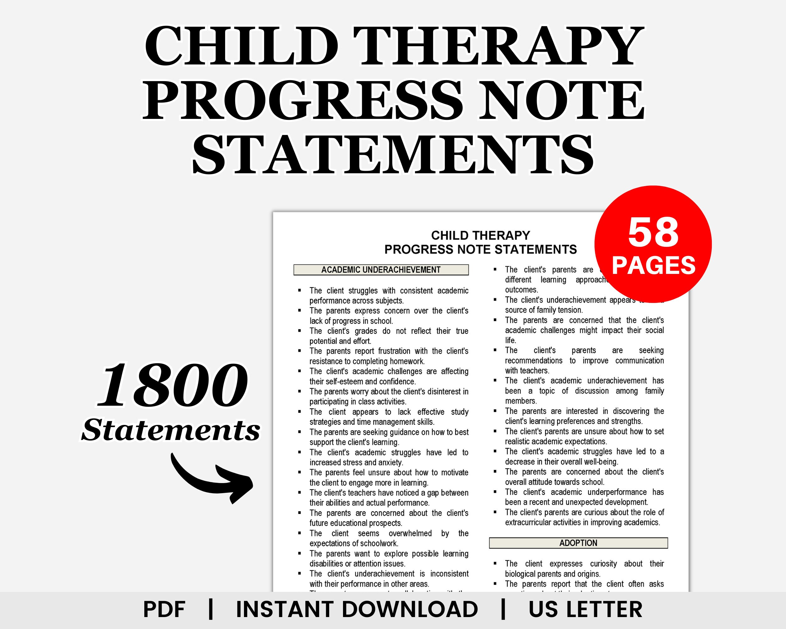 Child Therapy Progress Note Statements, Therapy Progress Notes ...