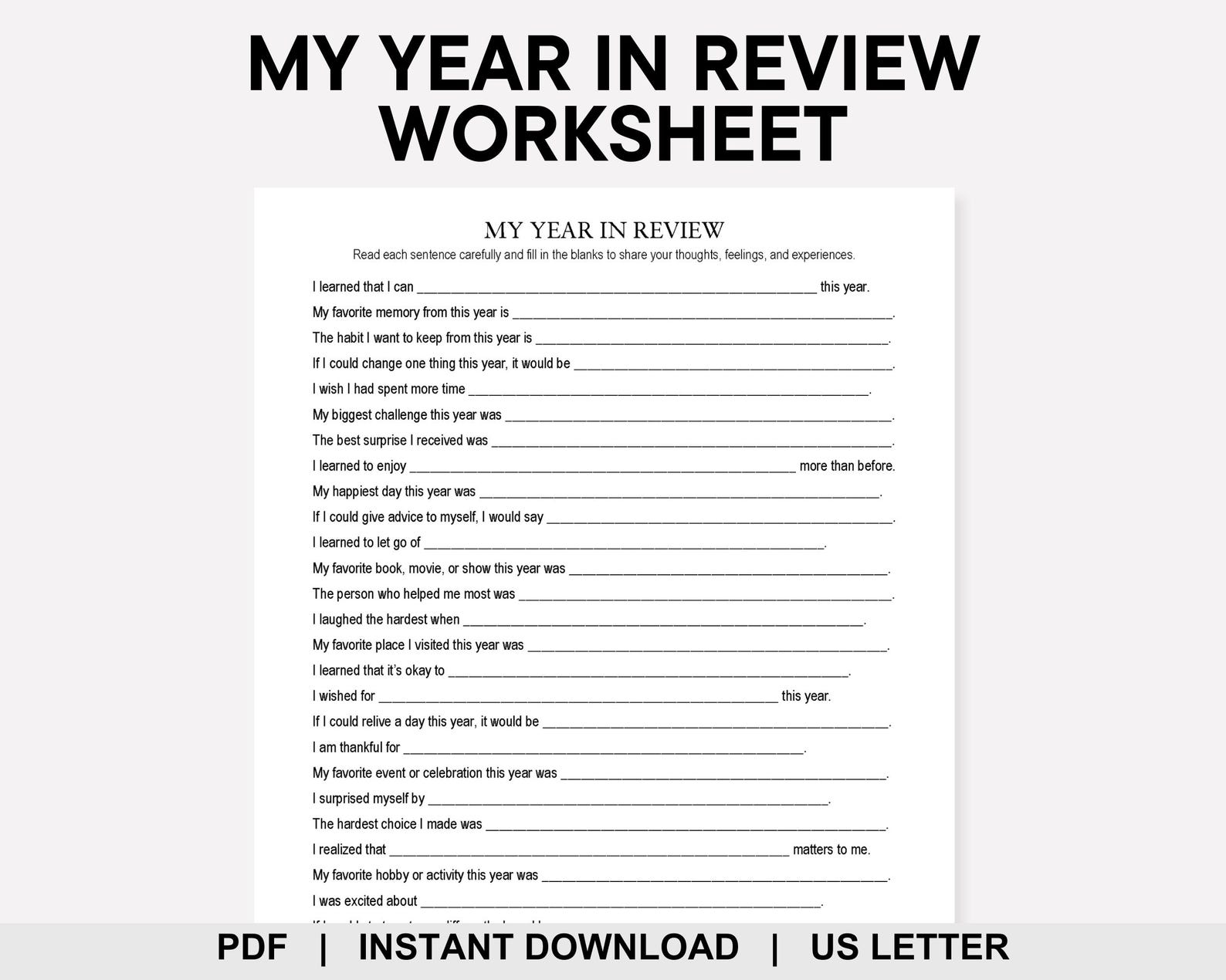 My Year in Review Worksheet, End of Year Review, New Year Reflection ...