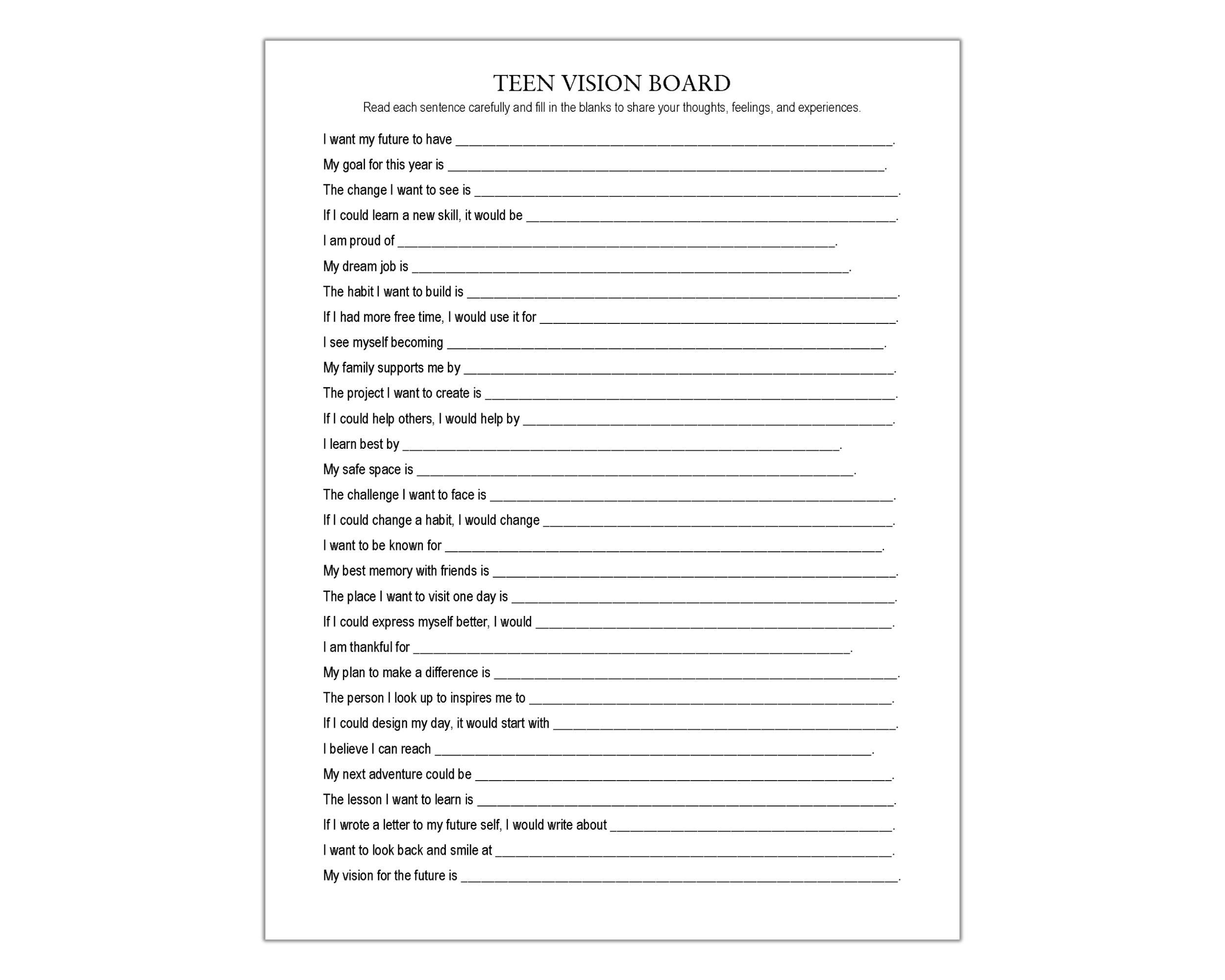 Teen Vision Board Worksheet, New Years Resolutions, Dream Board, Goal ...