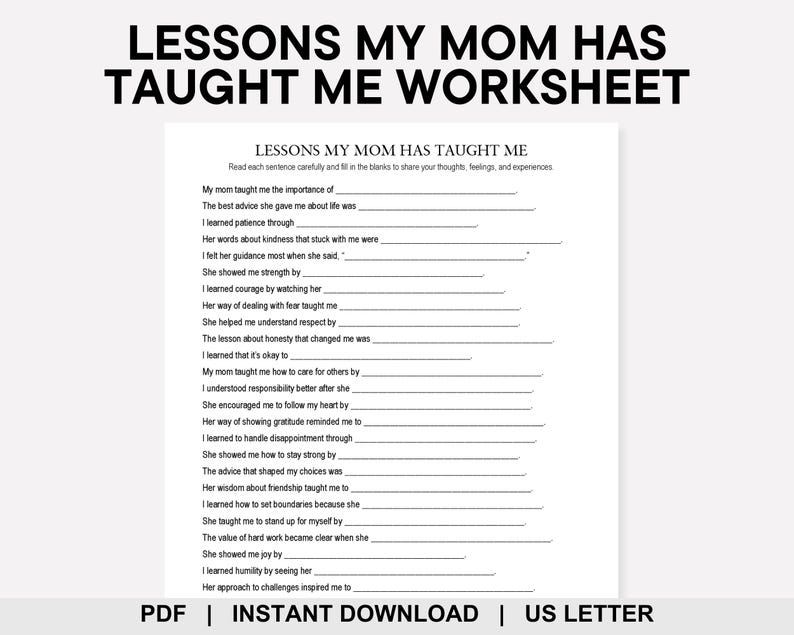 Lessons My Mom Has Taught Me Worksheet, All About My Mom, Mother ...