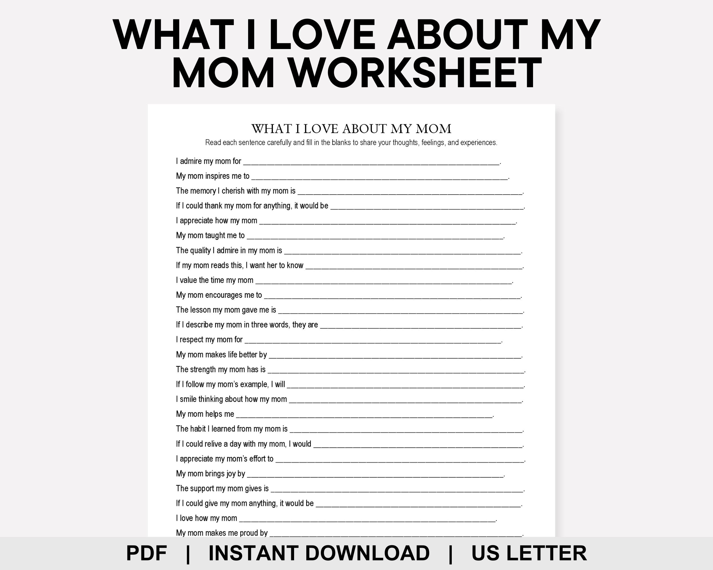 What I Love About My Mom Worksheet, All About Mom, Mothers Day Activity ...