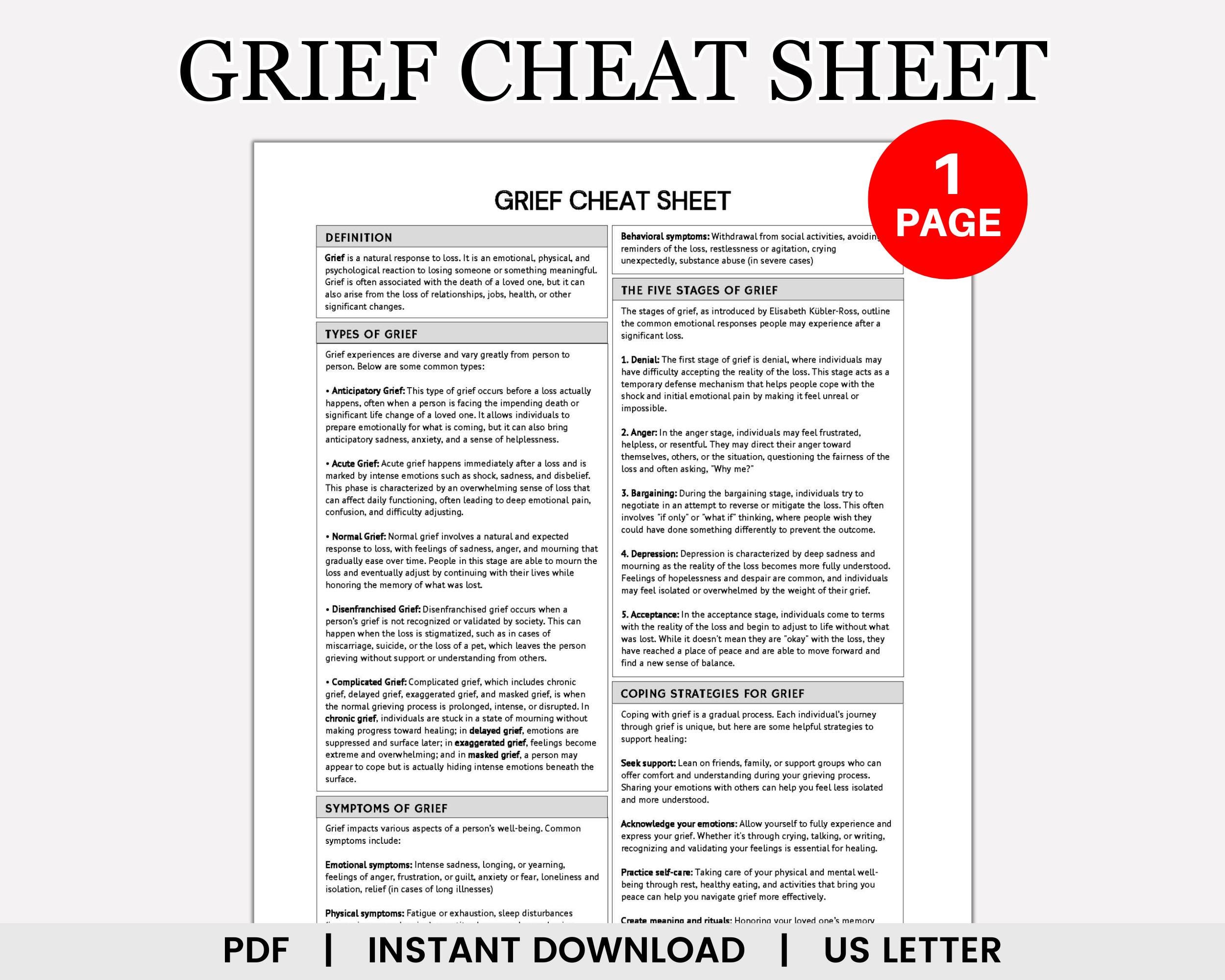 Grief Cheat Sheet, Grief Counseling, Grief and Loss, Bereavement Therapy, Types of Grief, Stages ...