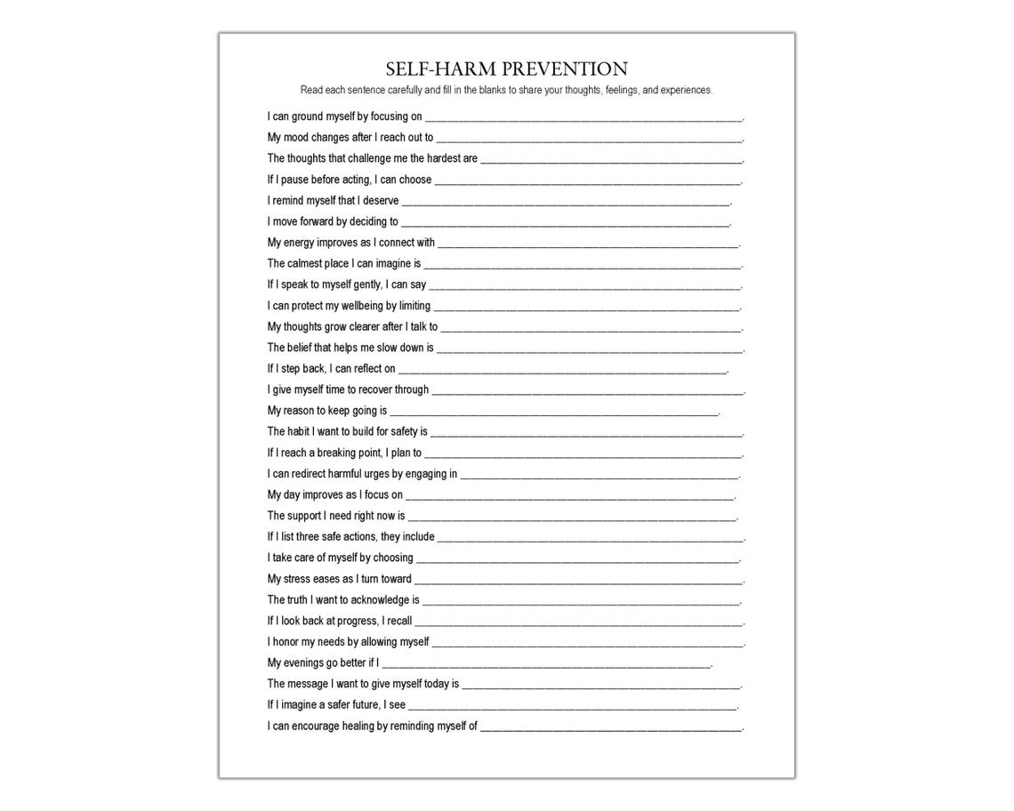 Self Harm Prevention Worksheet, Self Injury, Suicidal Ideation, Crisis ...
