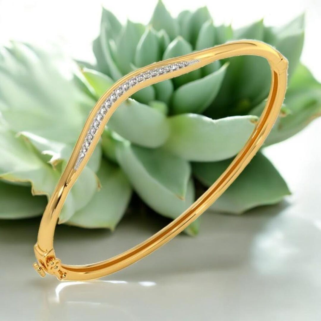 Gold Wave Bangle • Sterling Silver Cuff With Cubic Zirconia - Etsy