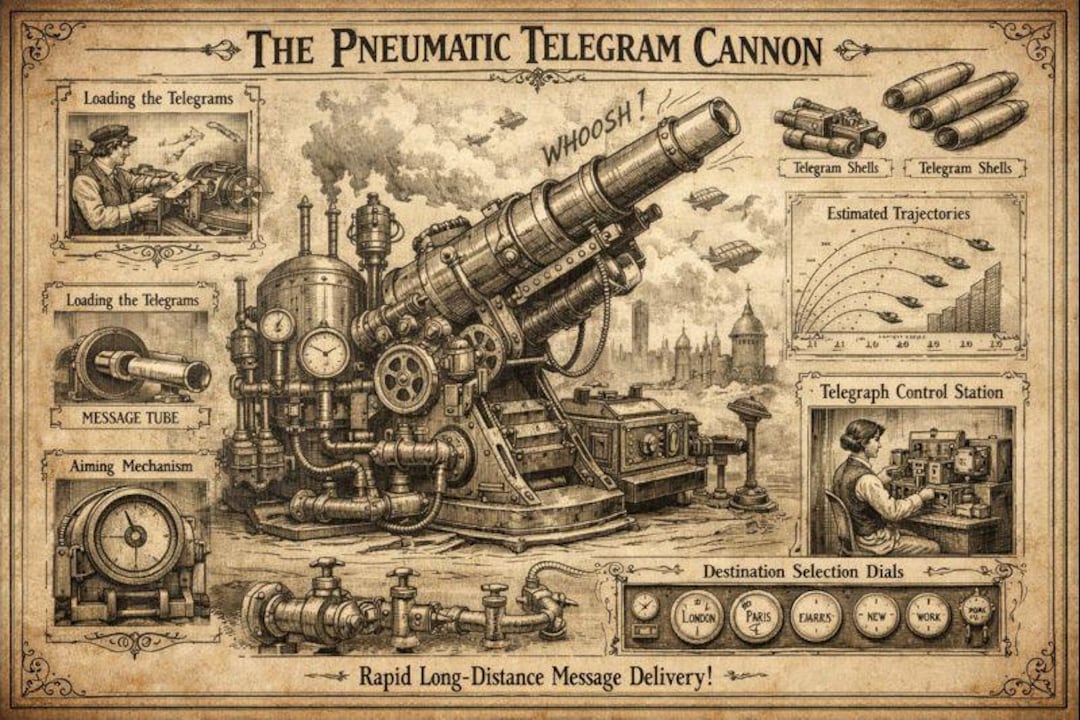 Victorian Steampunk Invention Poster – the Pneumatic Telegram Cannon ...