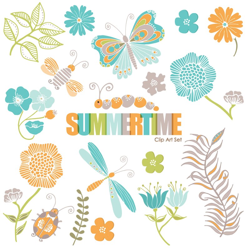 Instant Download Pretty Summery Flowers, Ladybug, Butterfly, Dragonfly ...