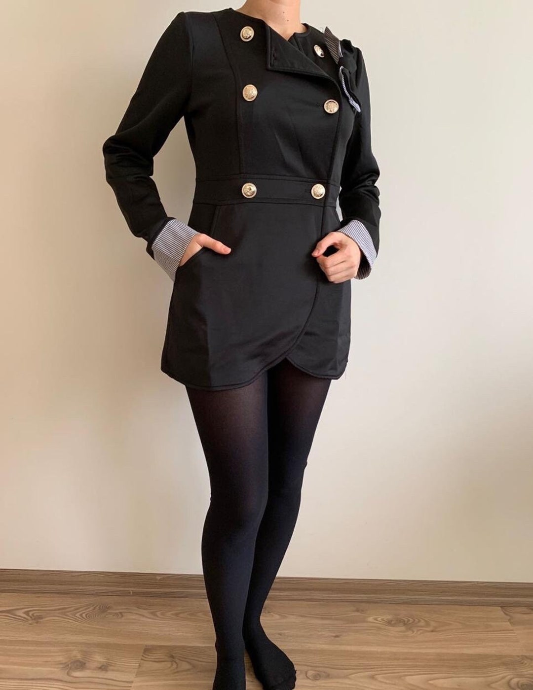 Vintage Woman Mini Jacket Dress, Mini Black Dress, Long Sleeves Black ...
