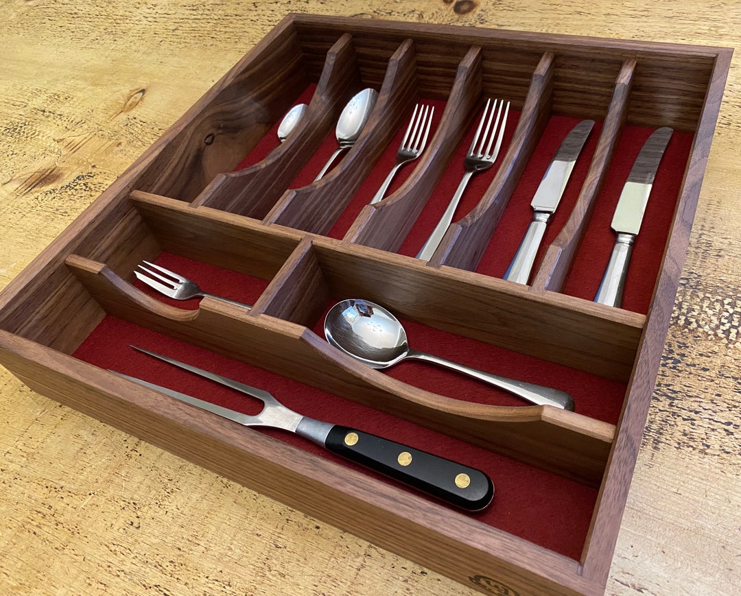 41cm X 42cm Walnut Cutlery Tray With Wine Felt Base - Etsy