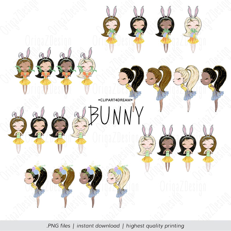 Bunny Clipart, Easter Rabbit Little Animals and Floral African American ...