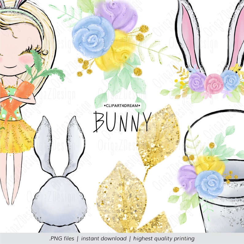 Bunny Clipart, Easter Rabbit Little Animals and Floral African American ...