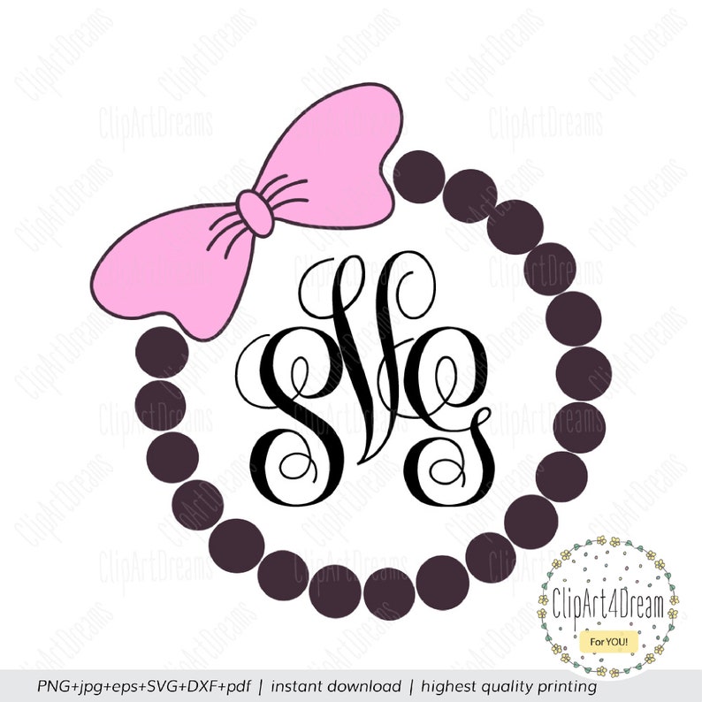 Bow Monogram SVG, Circle Pearls Monogram SVG Frame, Girl Bow Monogram ...
