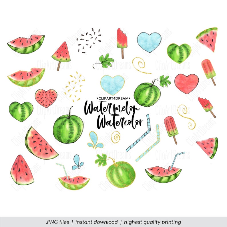 Watermelon Clipart Watercolor, Watermelon Picnic Ice Cream Birthday ...