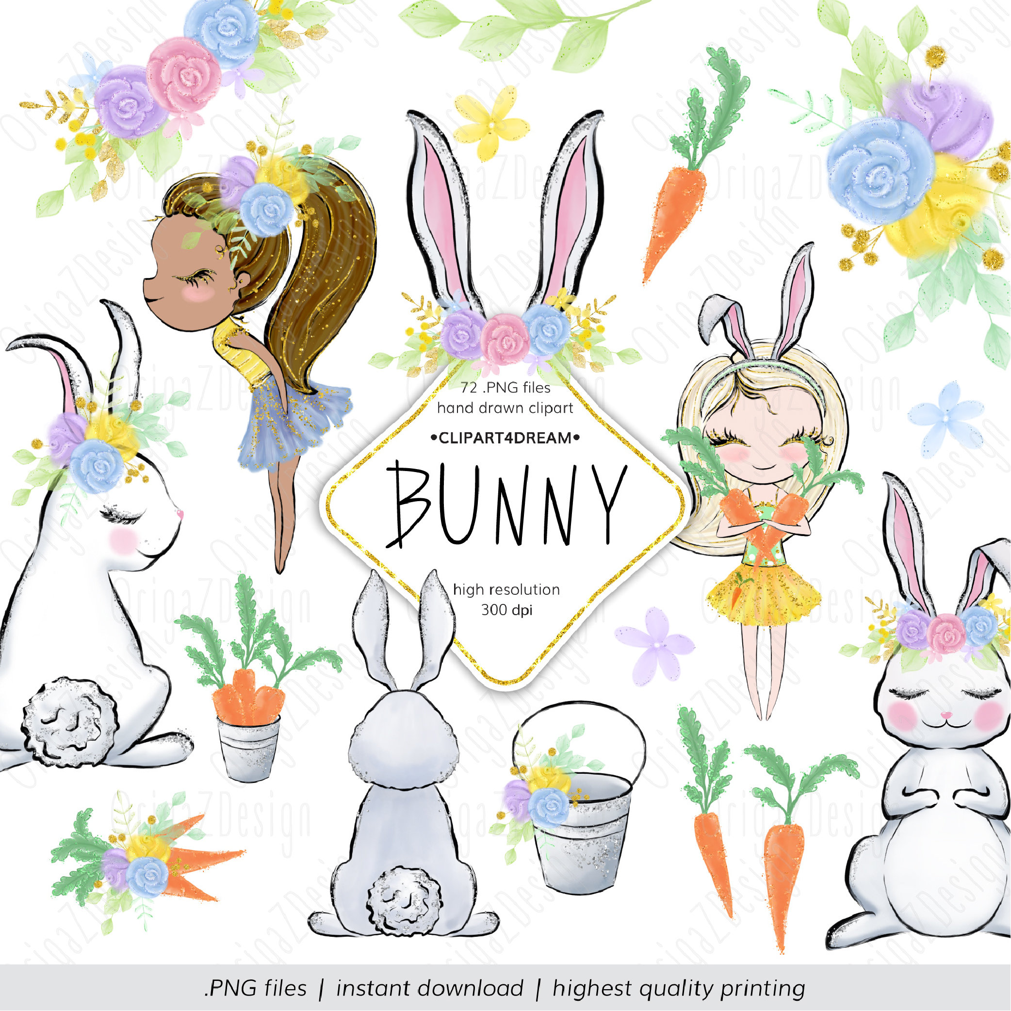 Bunny Clipart, Easter Rabbit Little Animals and Floral African American ...