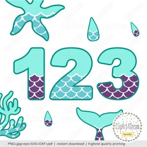 Mermaid Numbers SVG Outline Mermaid Tail Starfish PNG Numbers Digital ...