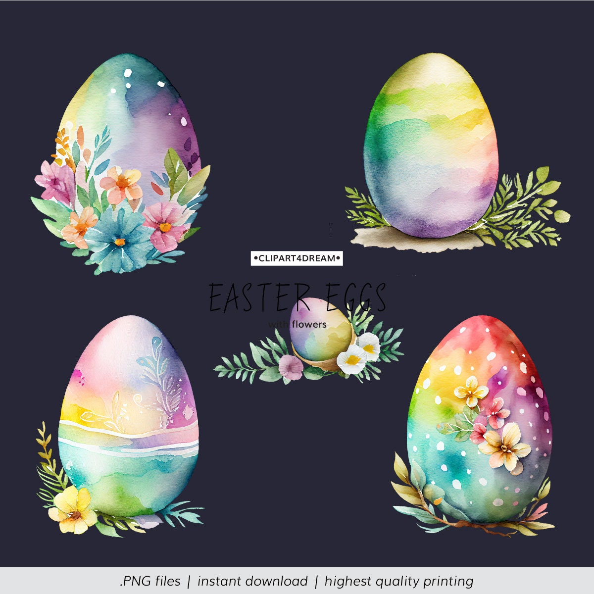 Easter Eggs Floral Clipart, Watercolor Easter Egg With Flowers Clip Art ...
