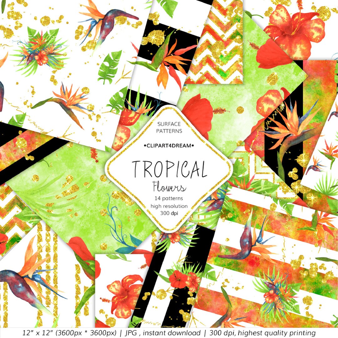 Tropical Flower Digital Paper, Summer Floral Watercolor Exotic Flowers ...