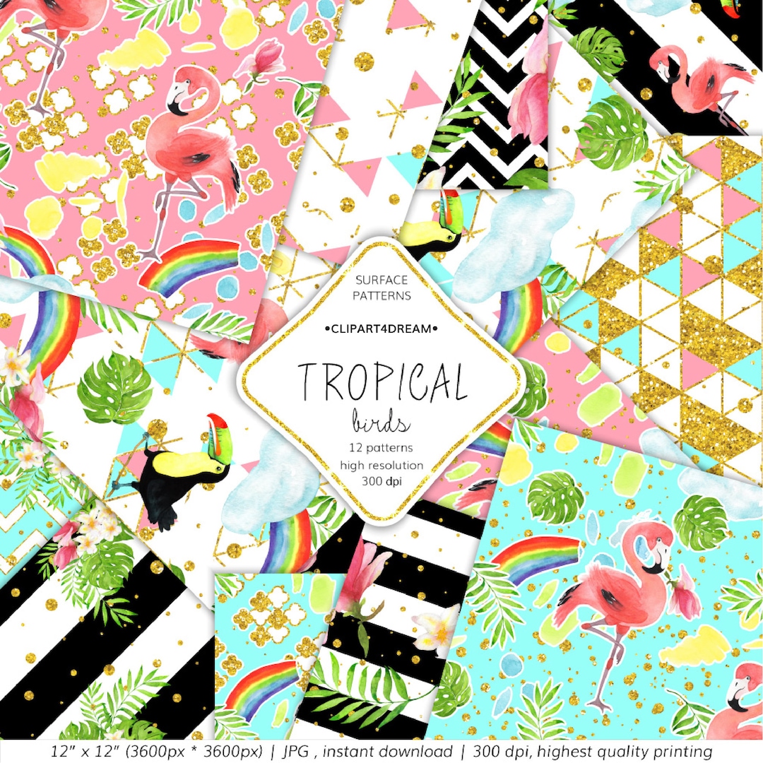 Tropical Digital Paper, Summer Watercolor Birds Flamingo Toucan Rainbow ...